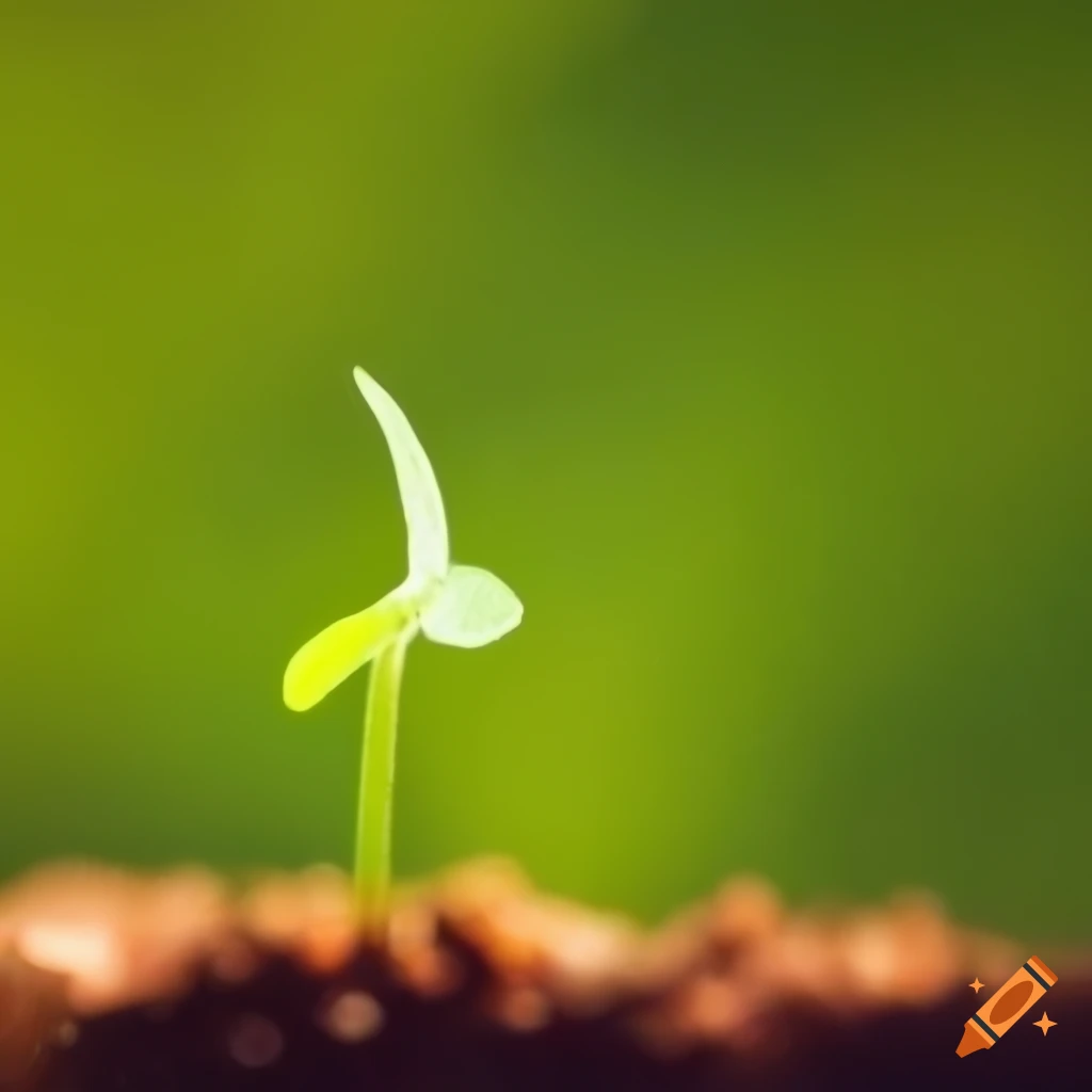Seed sprouting a tiny green shoot, reaching upwards towards the sun on ...