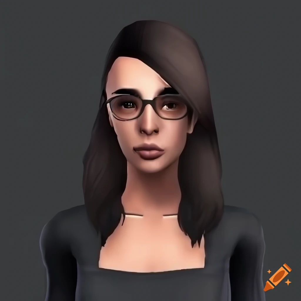 The sims style character with dark brown medium hair, dark eyes and glasses, black hoodie, low ...
