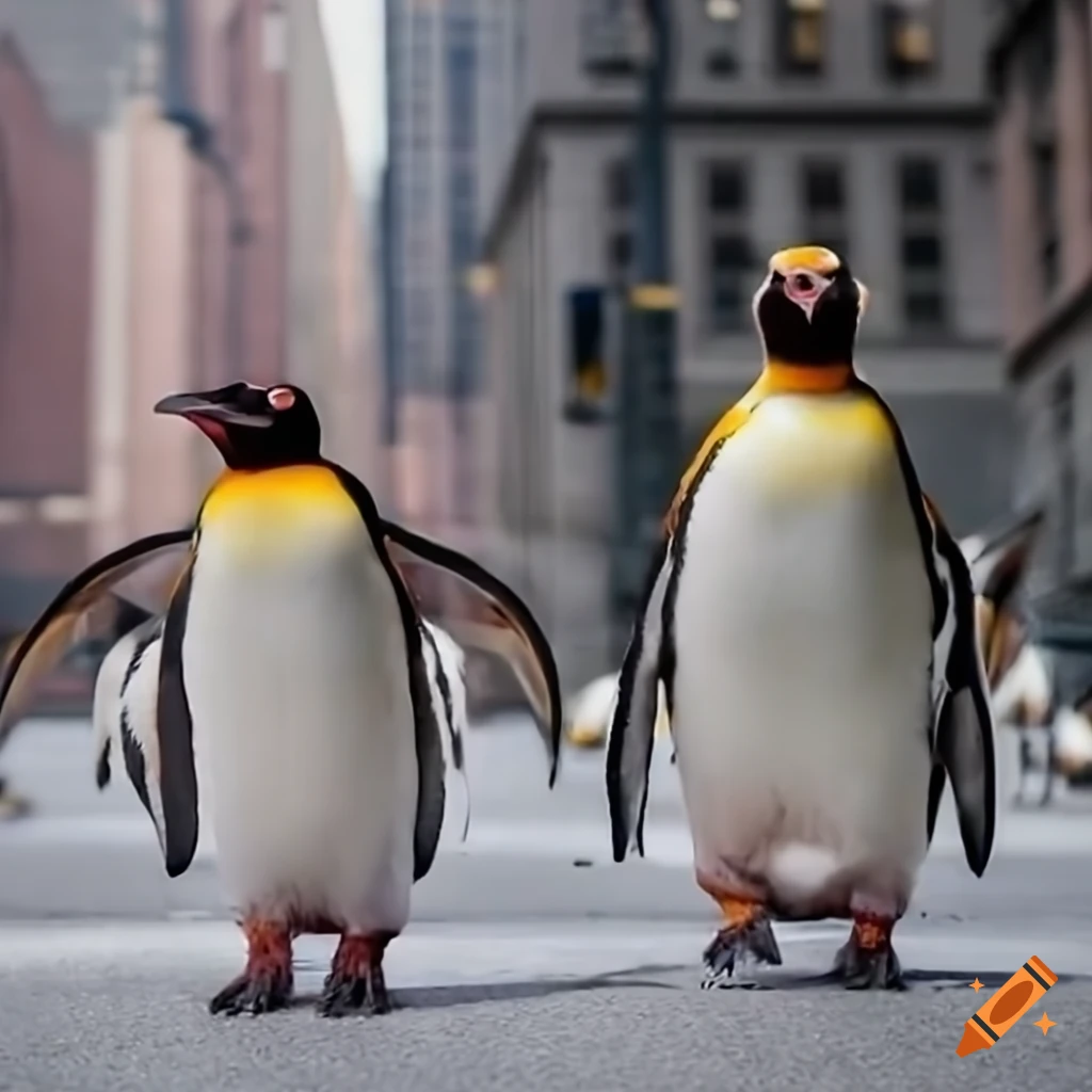 Penguins on the sidewalk of new York city, razor sharp graphics, HD ...