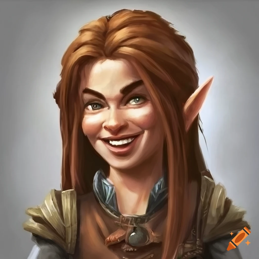 Cheerful, skinny, female, gnome, long brown hair, druid, leather armor ...