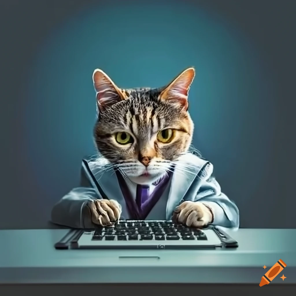 A professional cat in suit working on a computer