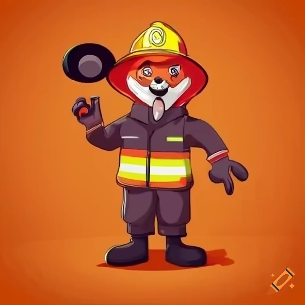 Cartoon fox firefighter holding a smoke detector