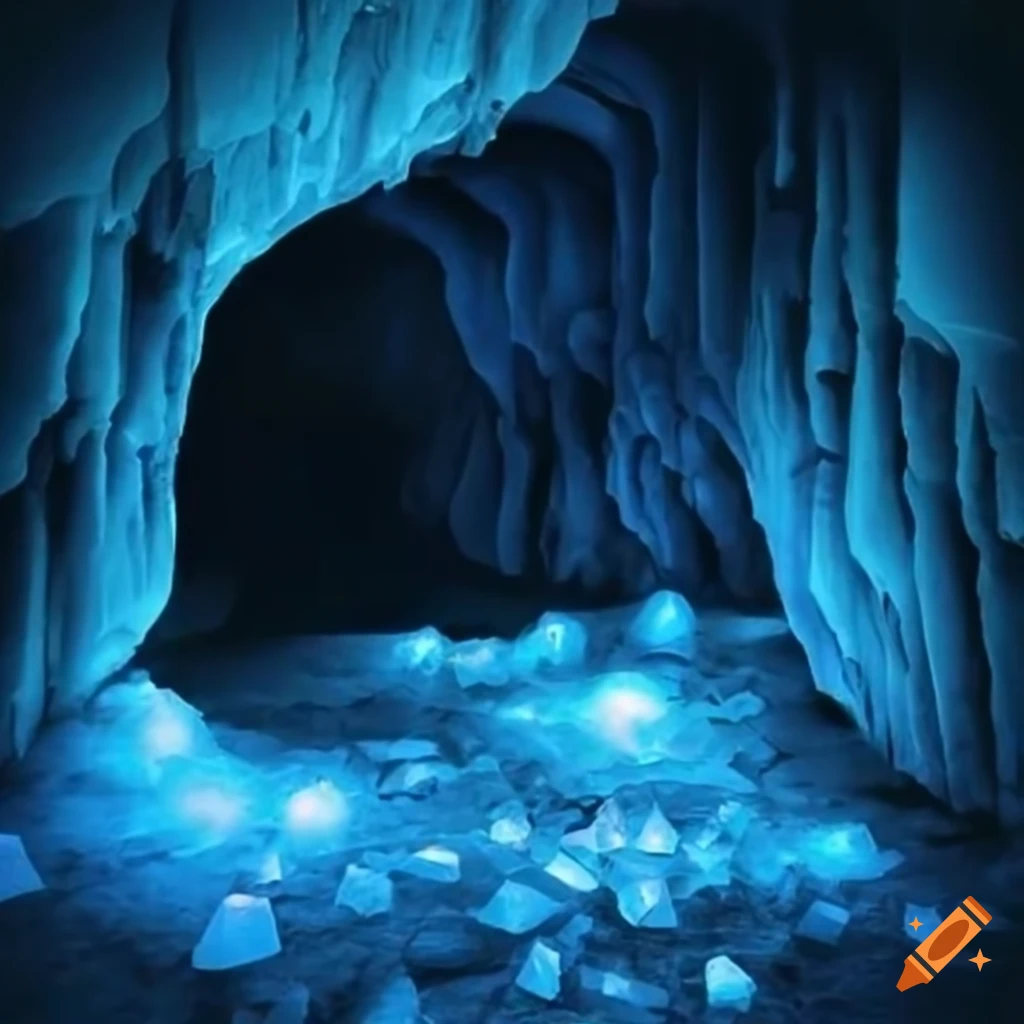 A dark cave with glowing blue crystals on the walls on Craiyon