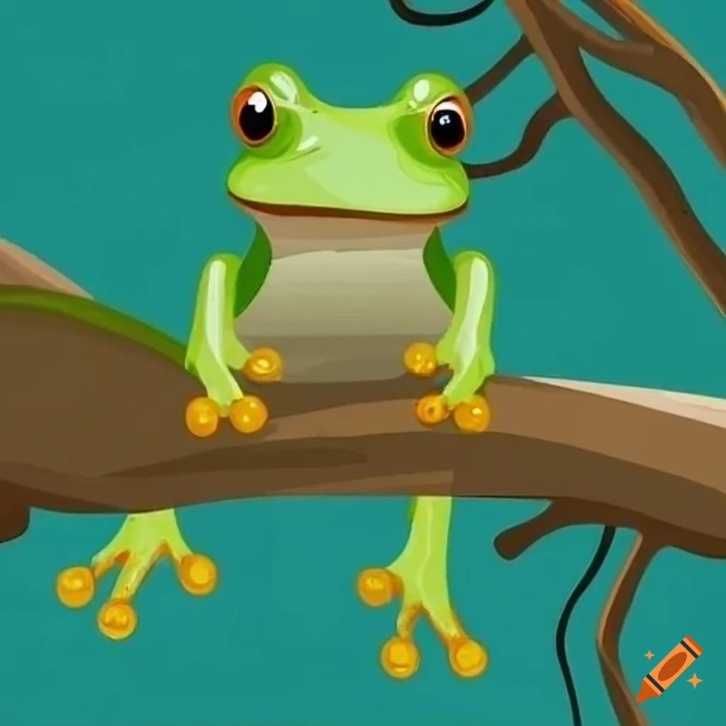 Green tree frog on a tree branch in the rain