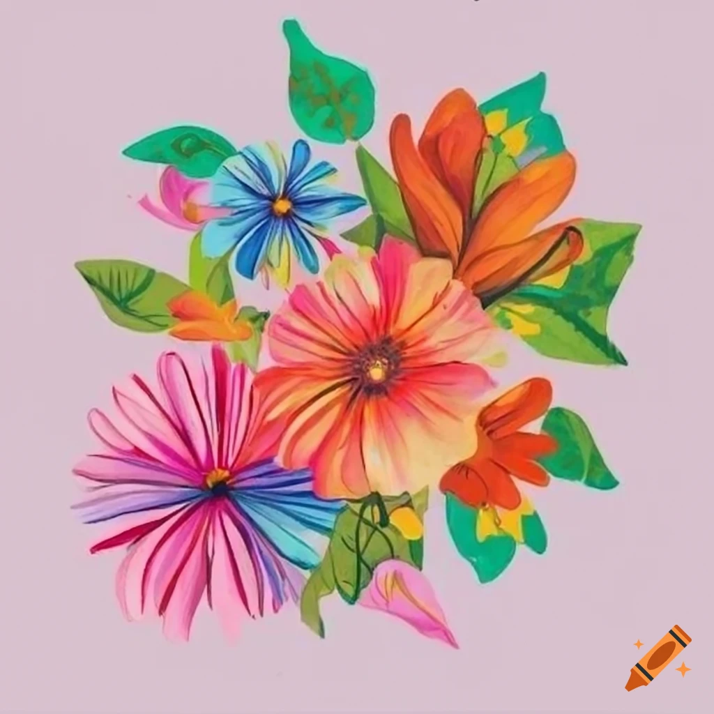 Hand-drawn colorful flowers on white paper