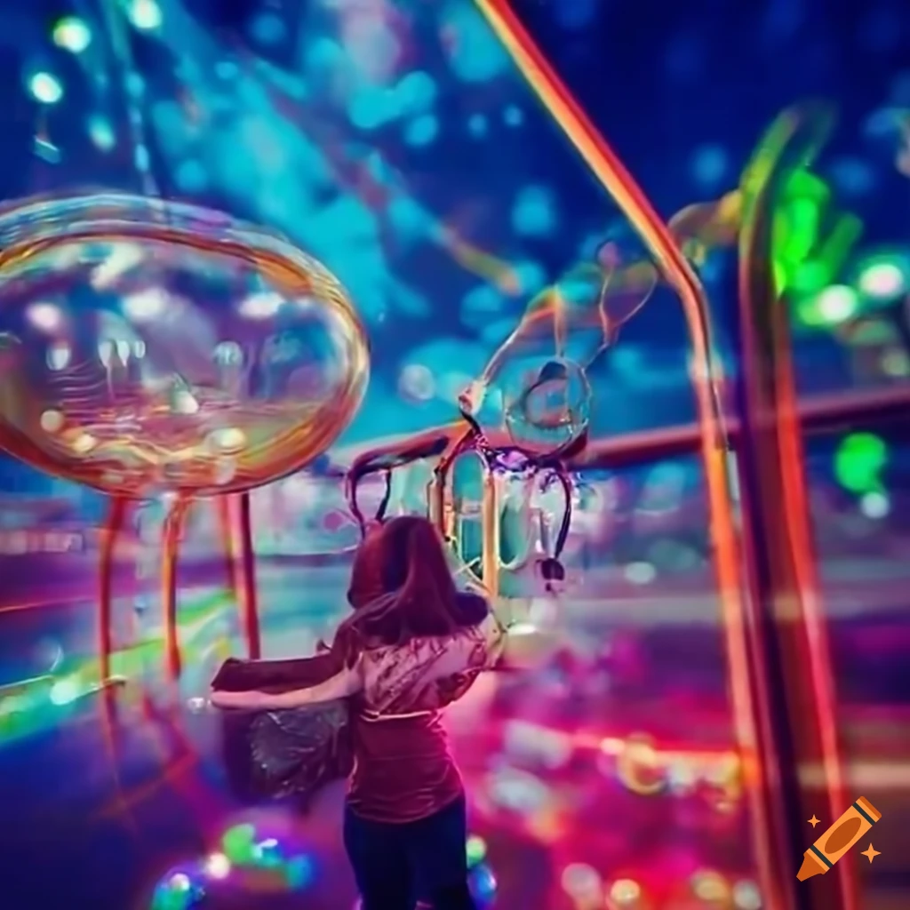 Visitors at a retro futuristic amusement park with colorful bubbles