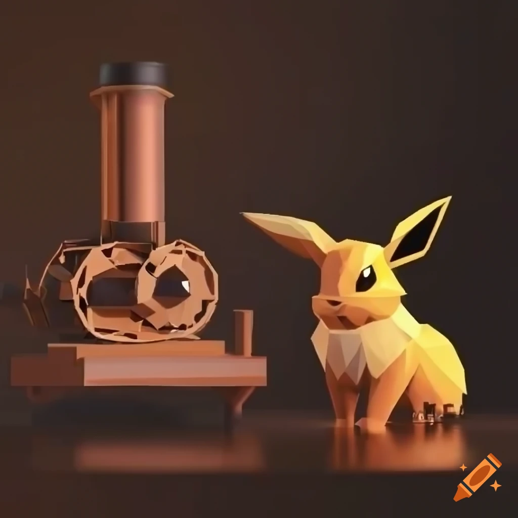 Low poly eevee sitting next to a mini steam engine on a desk, golden ...