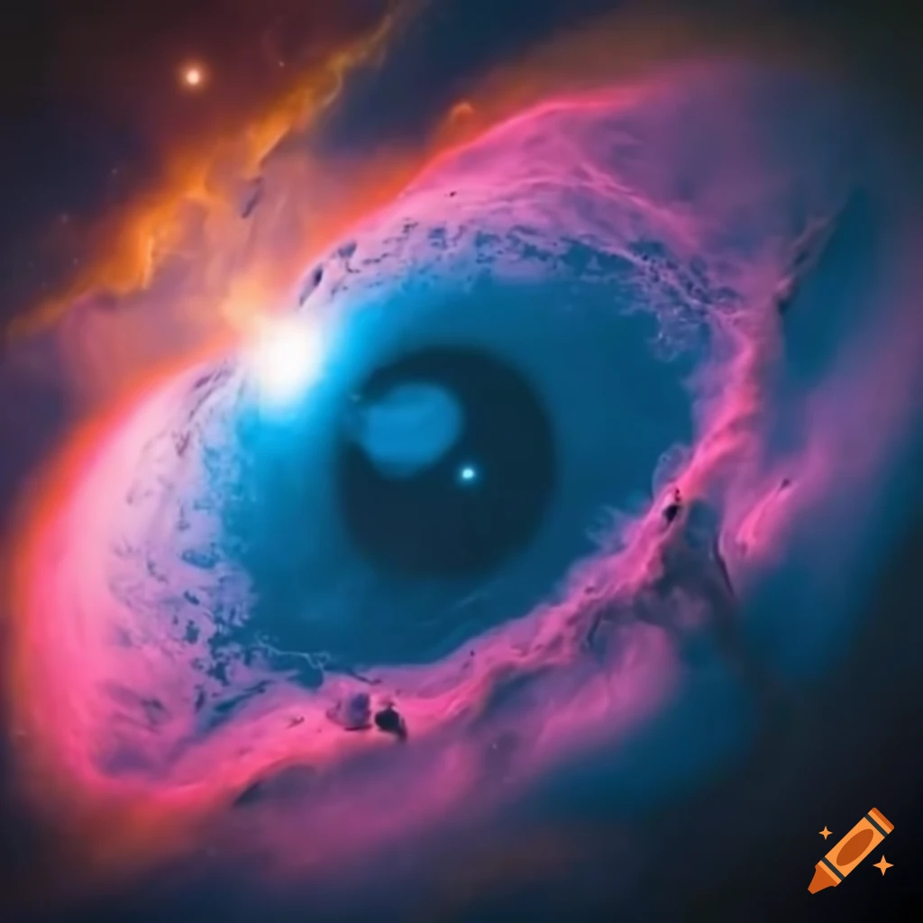 Nebula in space with the eye of a whale blurred in the background on ...