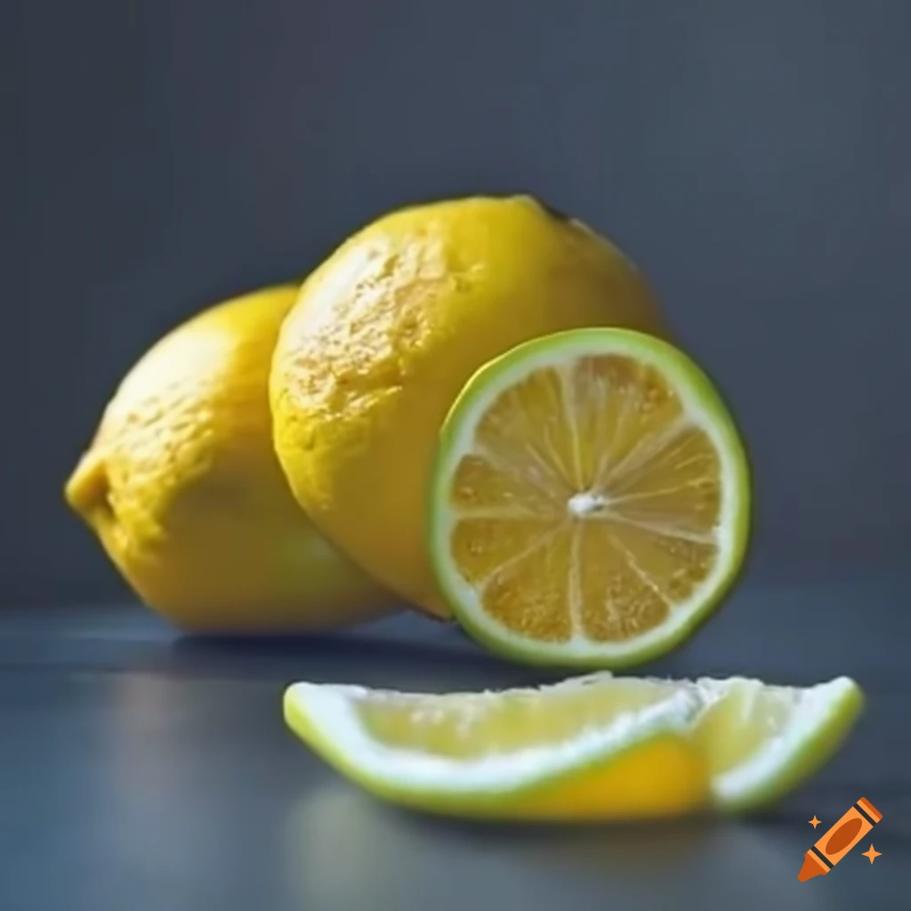 4 limoni in un piattino con un limone tagliato on Craiyon