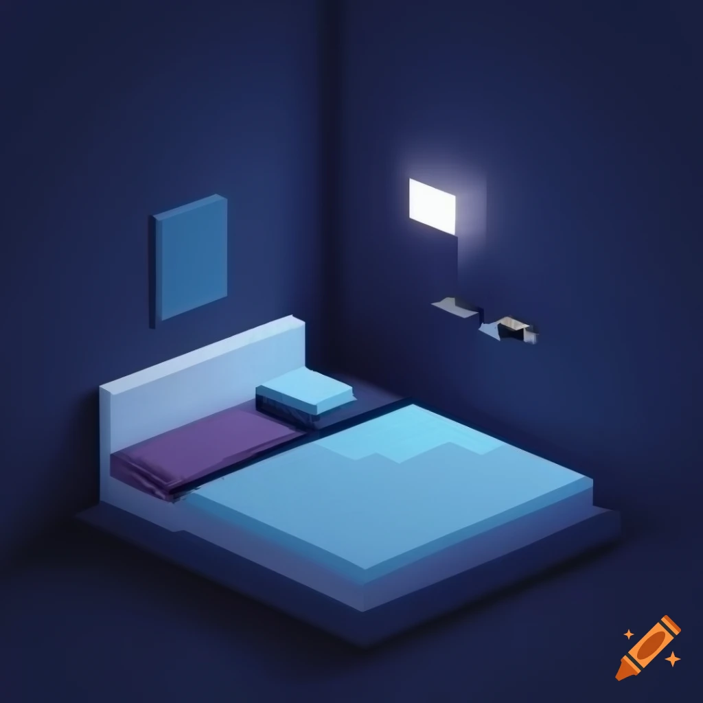 Detailed isometric bedroom, pixel art,night, voxel render