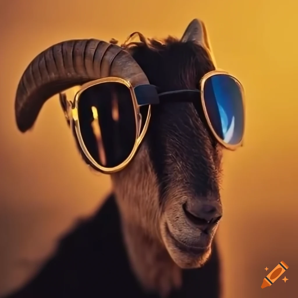 Goat wearing sunglasses, 8k, macro, detailed, happy, golden hour, white ...