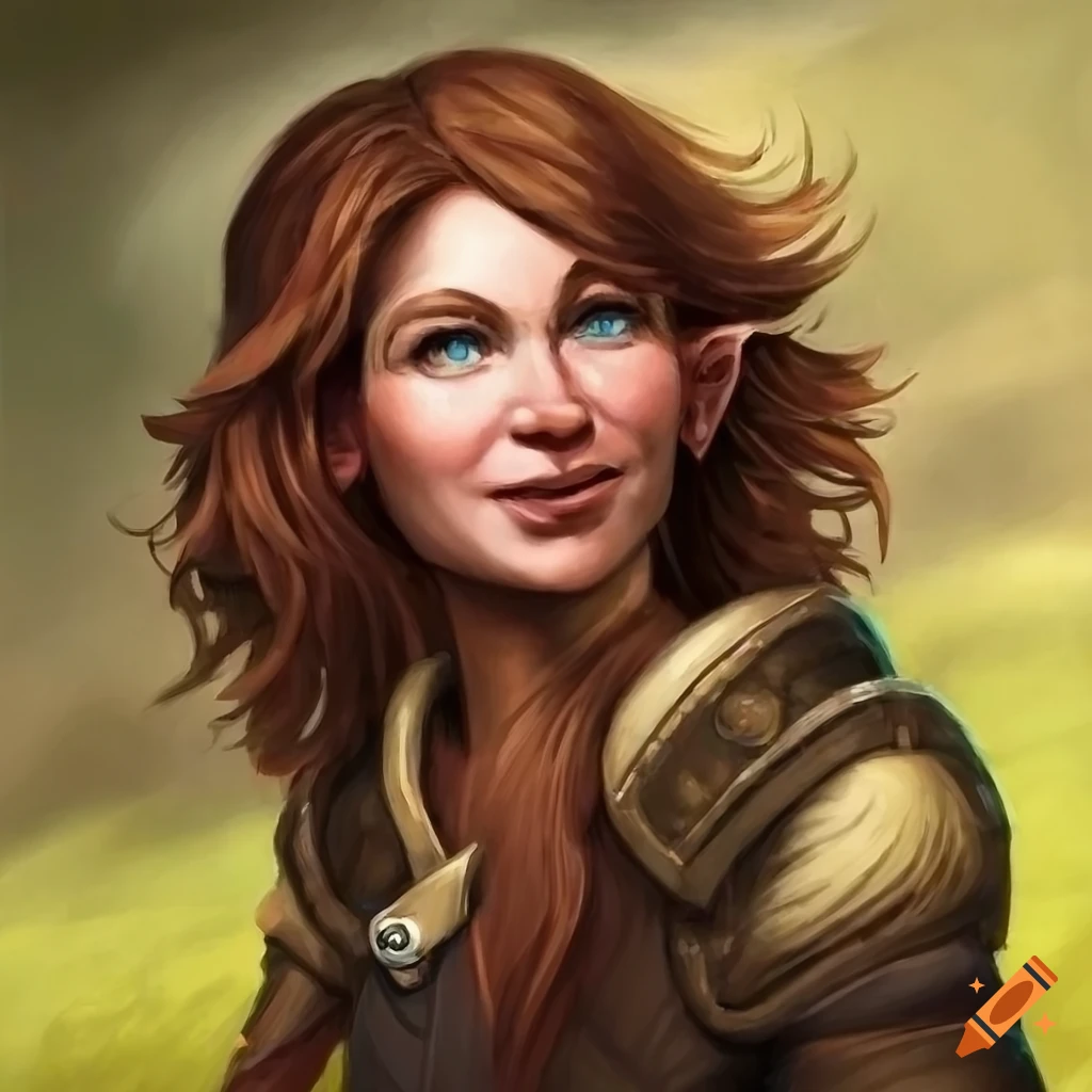 Cheerful, skinny, female, gnome, long brown hair, druid, leather armor ...