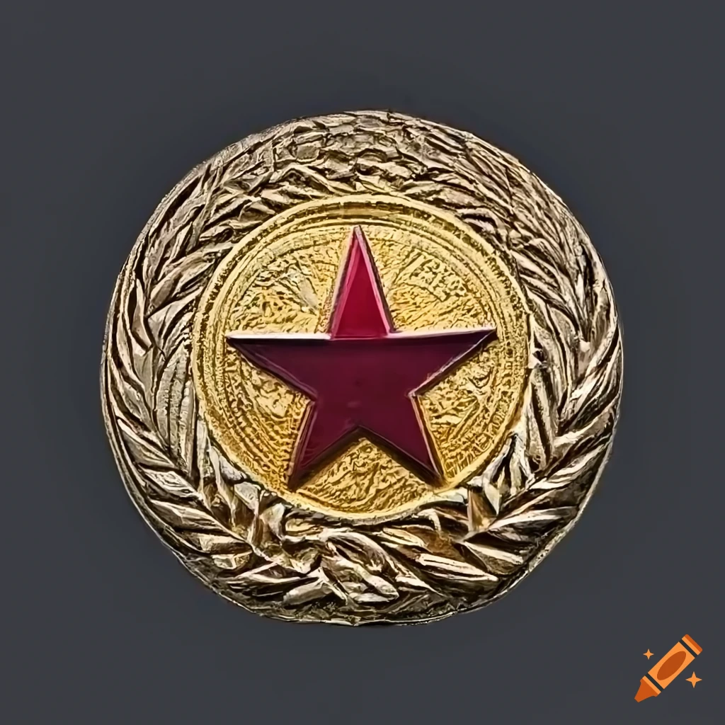 A red star in a golden wreath on a plaque; high definition