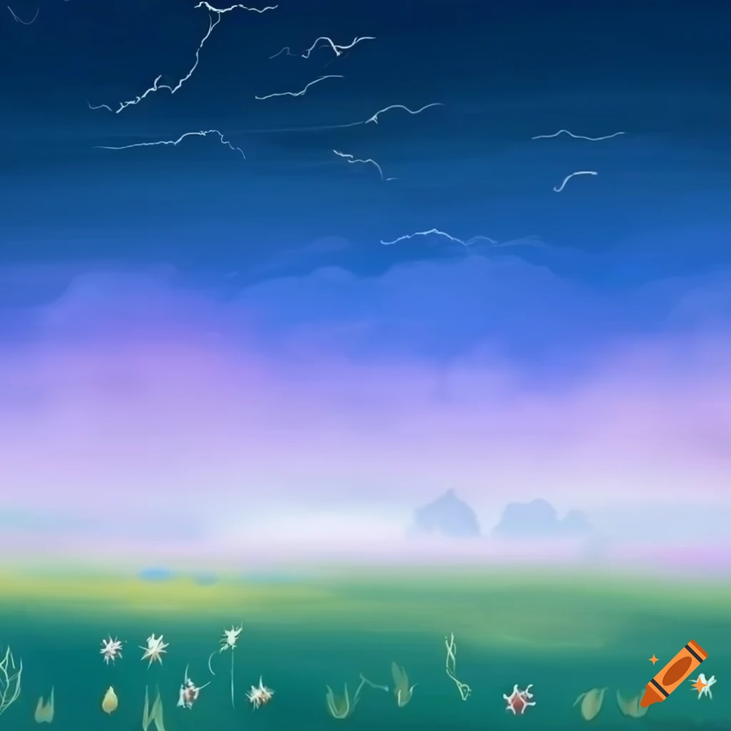 A Illustration About Spring With An Open Field, Sky, Grass, birds and ...