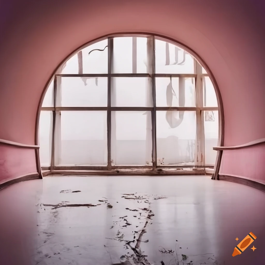 Abandoned curved white modern lobby with tattered pale pink curtains ...