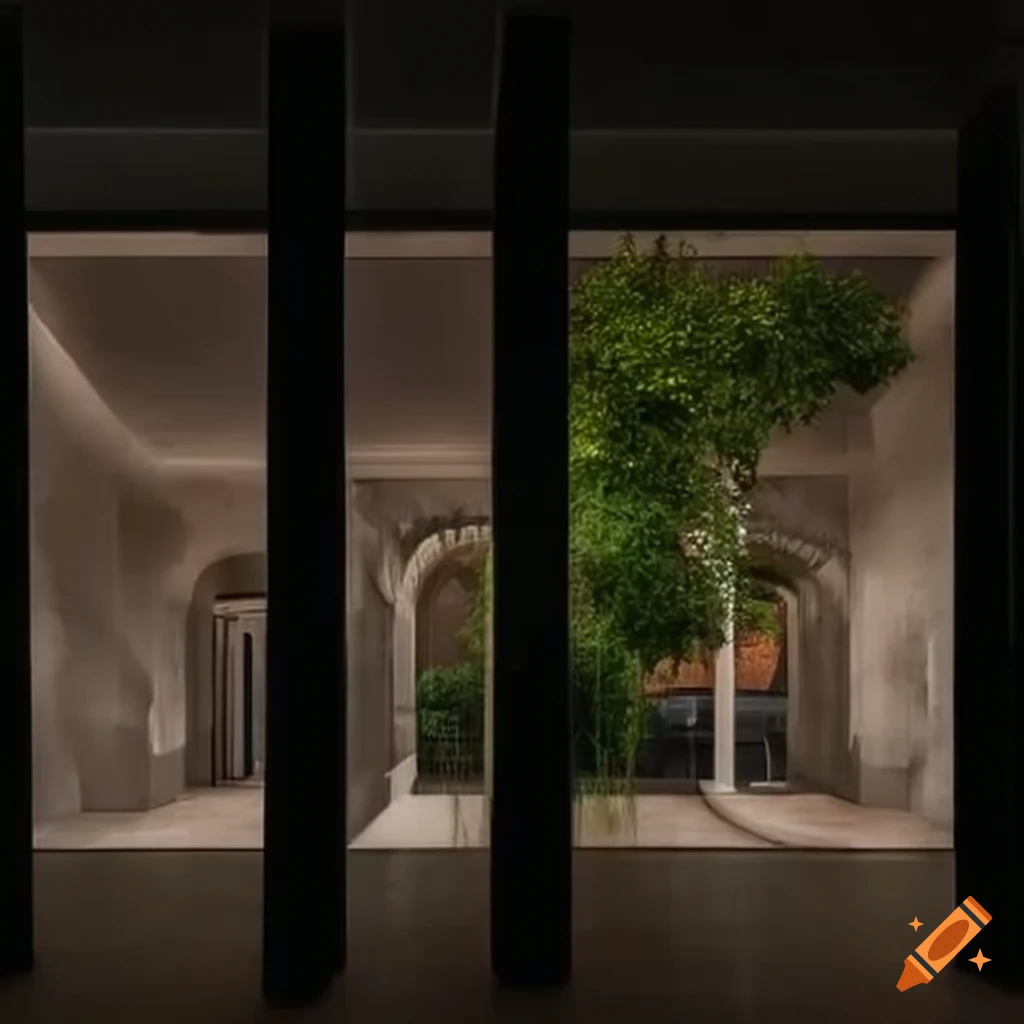 Style barcelona pavilion with vertical garden and led lighting