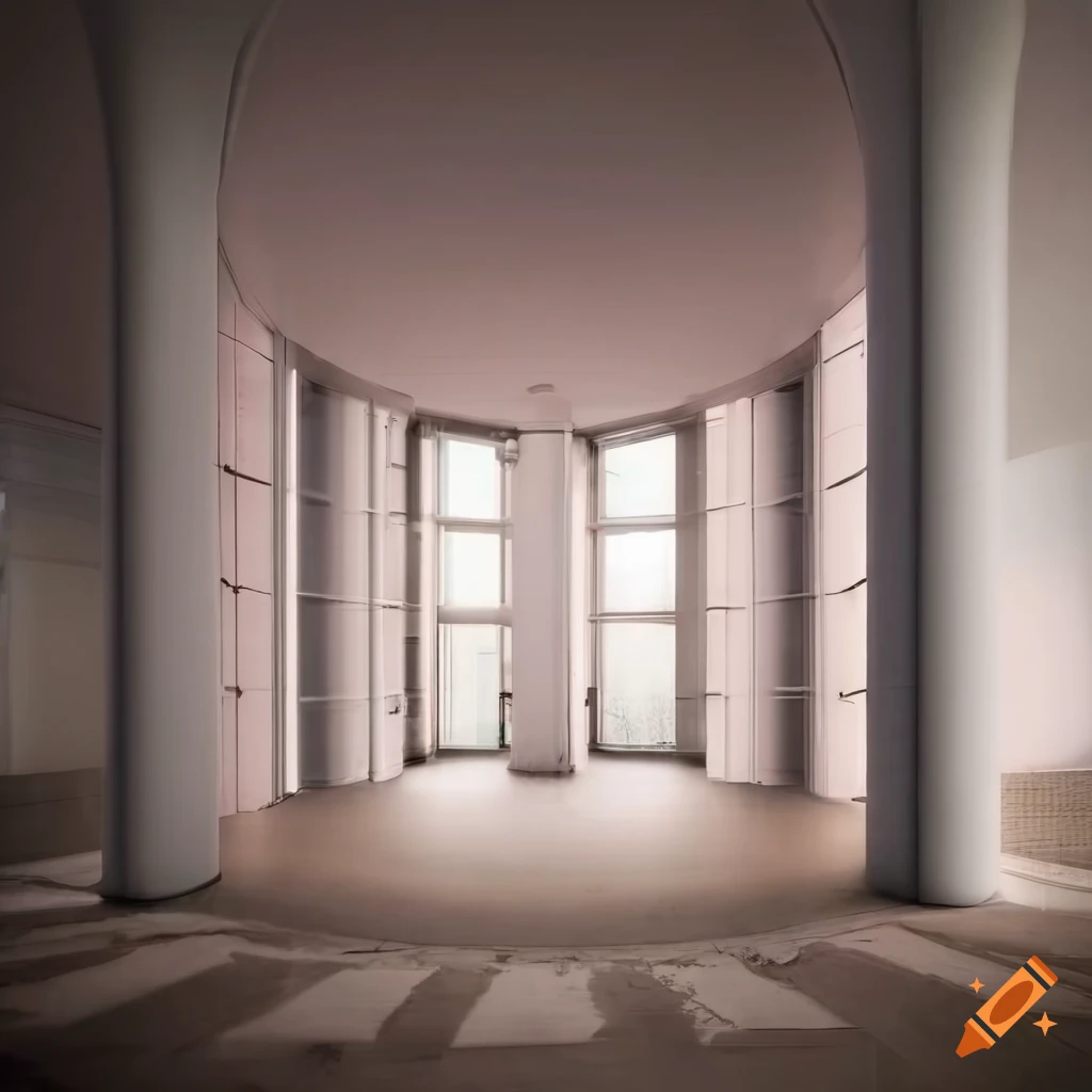 Abandoned curved white modern lobby with tattered pale pink curtains ...