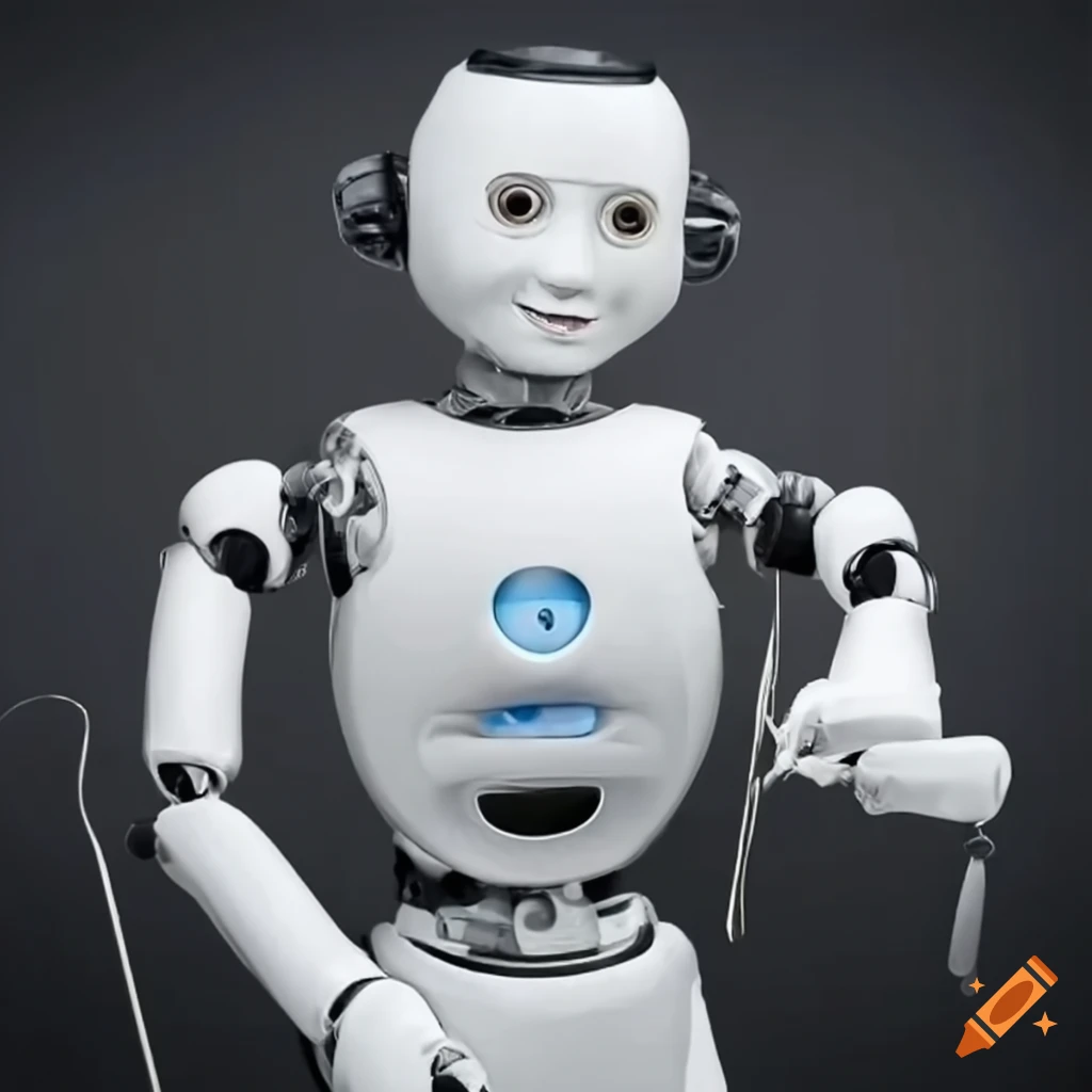 An elderly humanoid robot, smiling and holding a cane