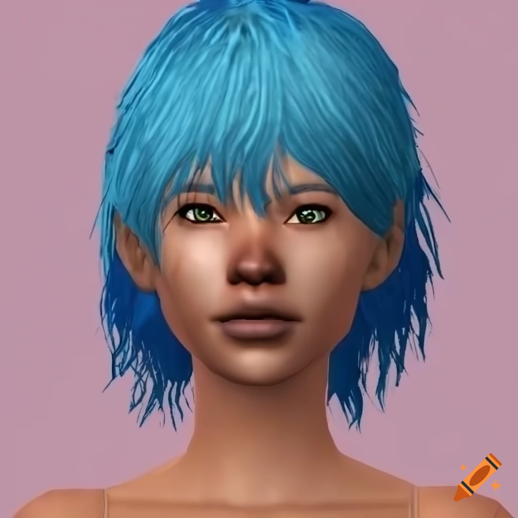 The sims 1 style person with dark skin, and blue messy hair,white ...