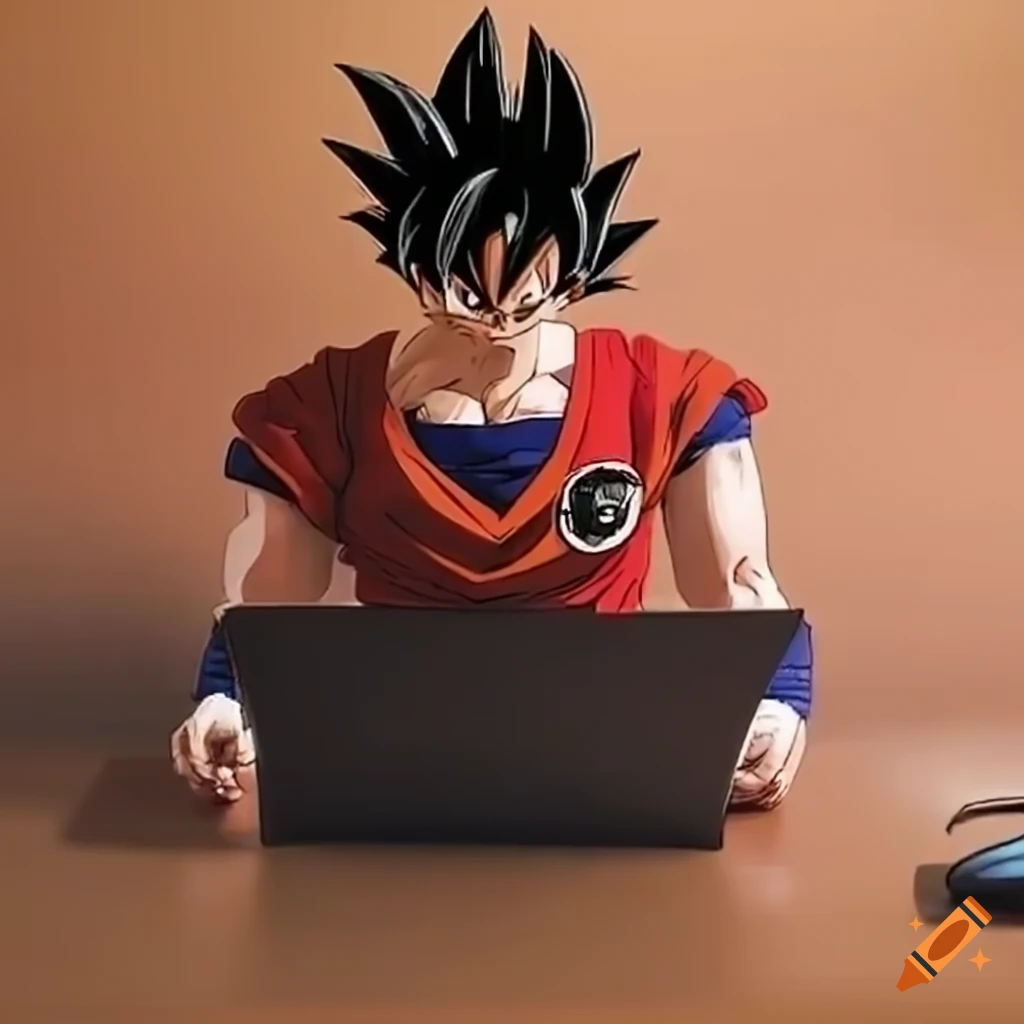 Goku using a desktop computer on Craiyon