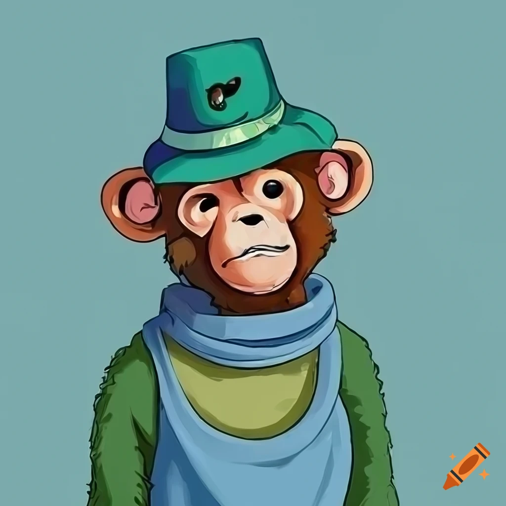 "create an illustration of a monkey with flesh-colored face and green ...