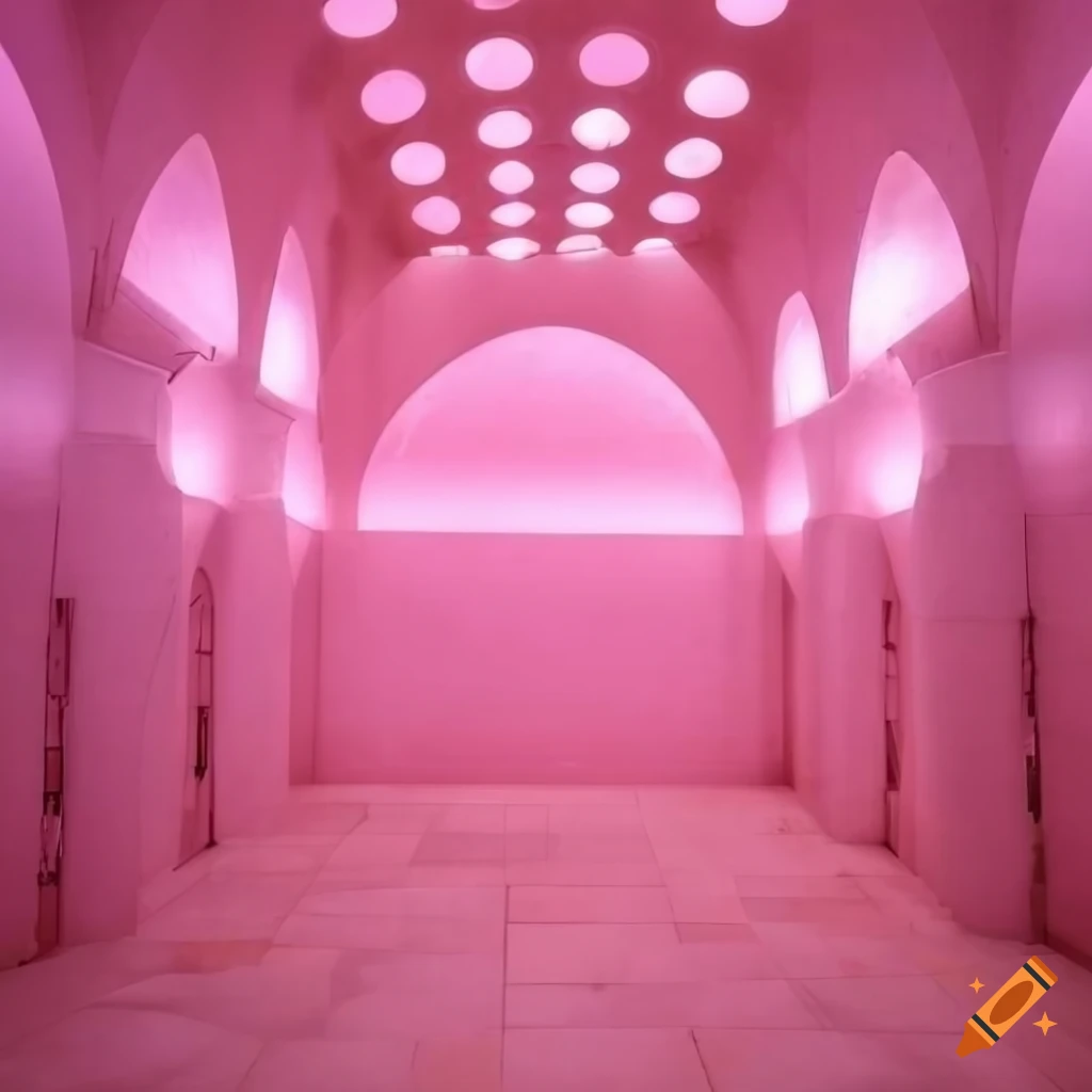A liminal public hammam, large tiled floor and walls, soft pink ...