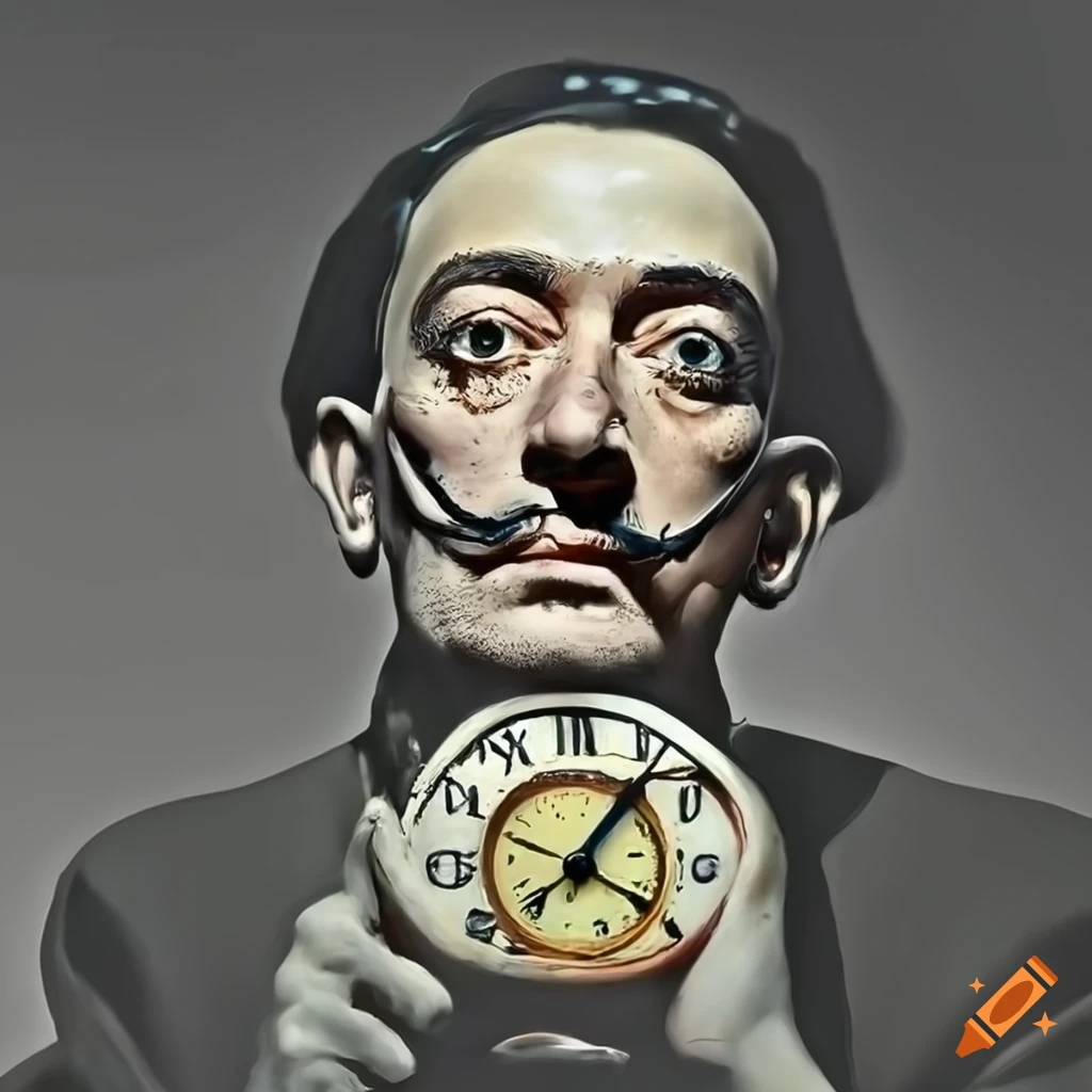 Surrealist portrait of salvador dali wearing a melting clock