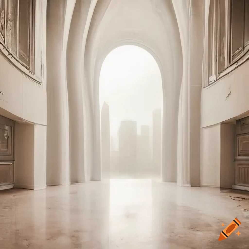Abandoned curved white modern lobby with tattered pale pink curtains ...