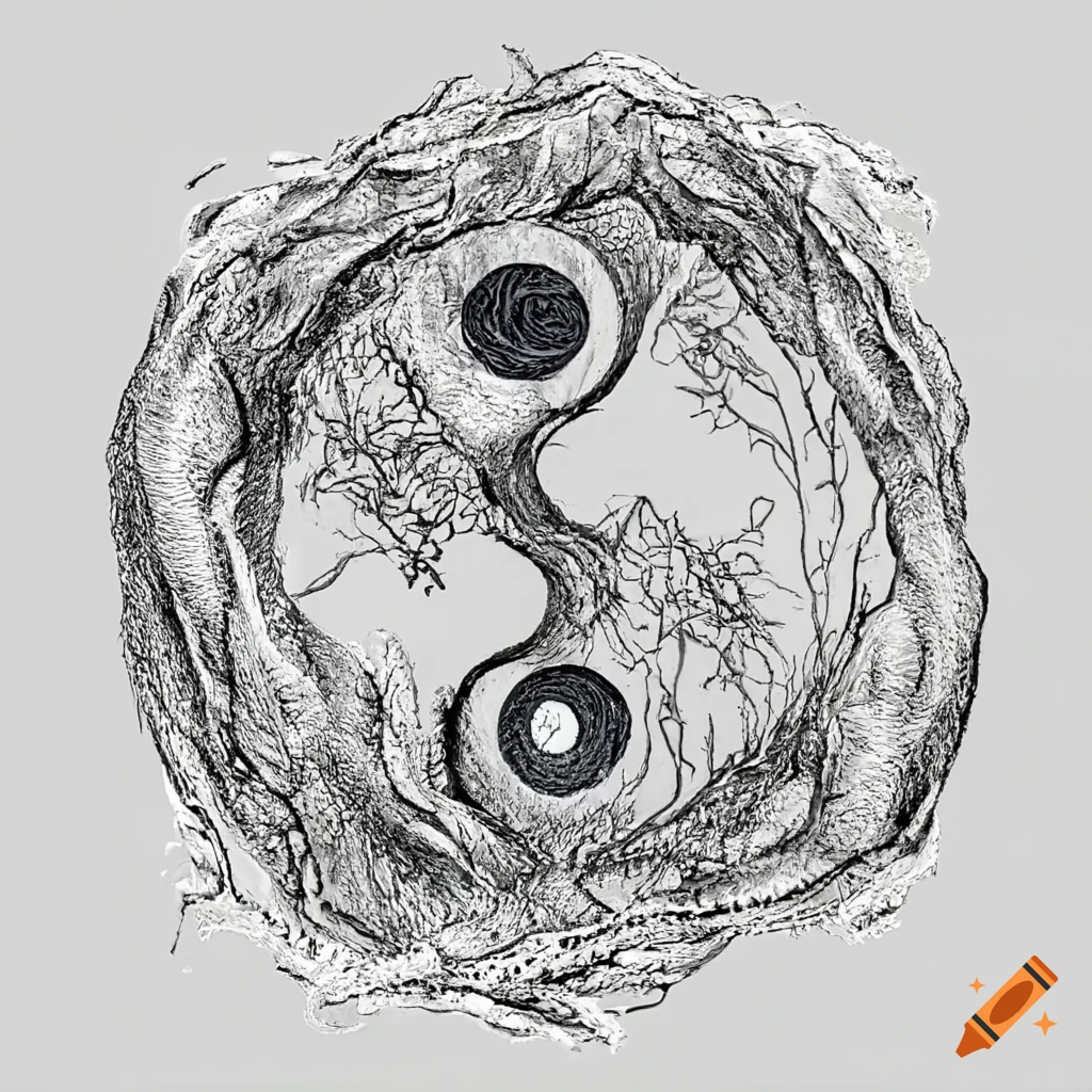 Yin yang tree with roots in a vortex and branches touching the sky