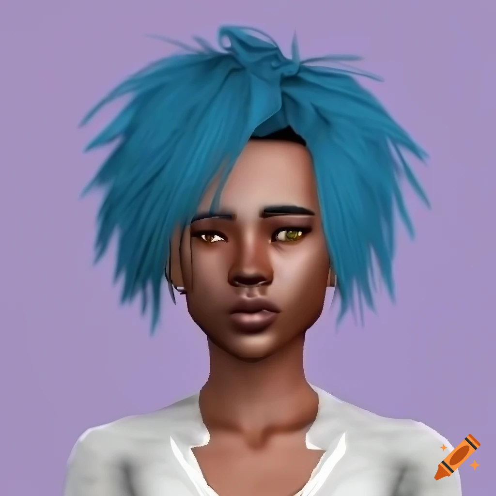 The sims 1 style person with dark skin, and blue messy hair,white ...
