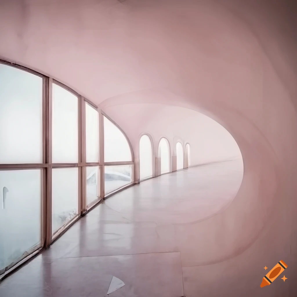 Abandoned curved white modern lobby with tattered pale pink curtains ...
