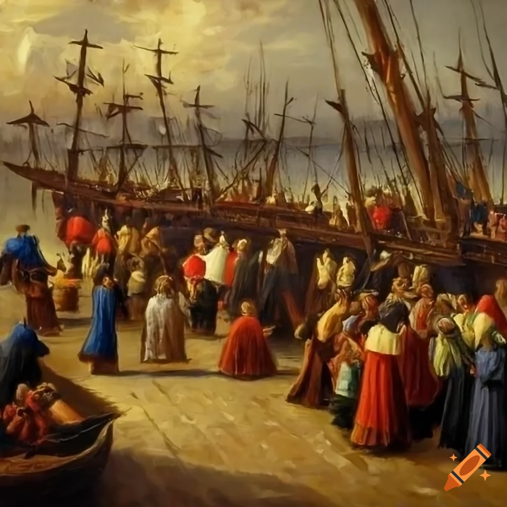 Crowded medieval ocean docks, extreme detail, oil painting