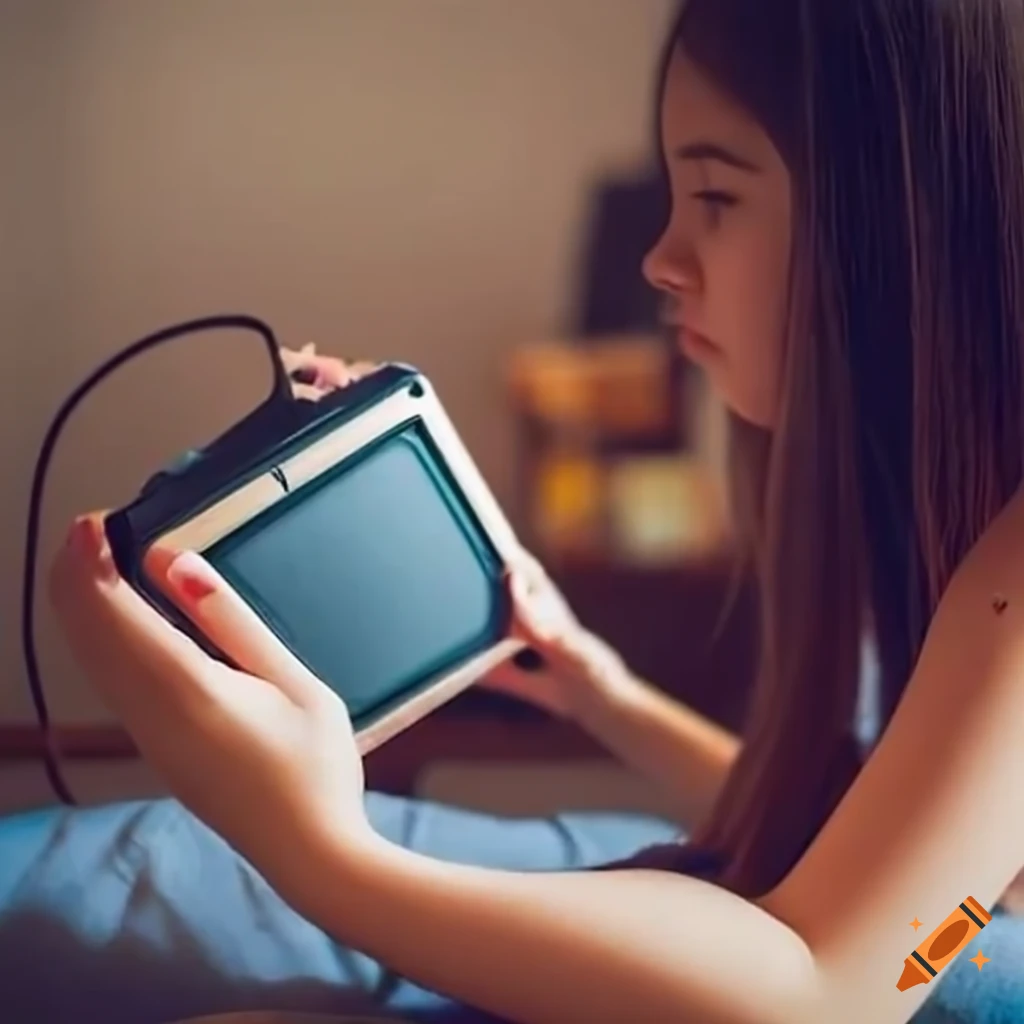 A girl playing a nintendo gameboy in her room on Craiyon