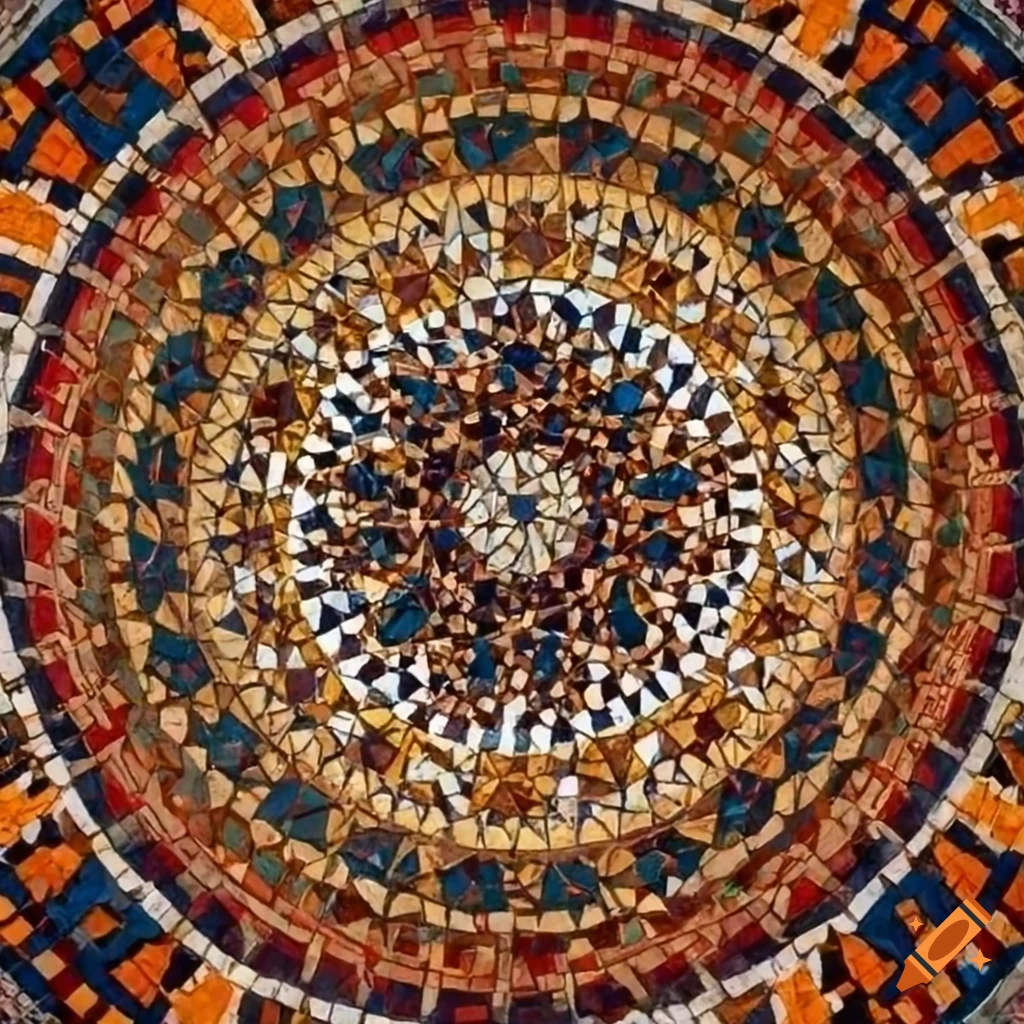 A circular mosaic with a geometric pattern on the floor
