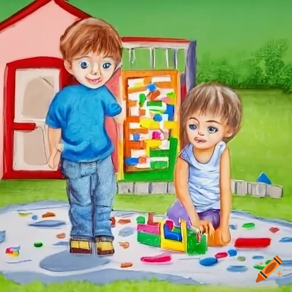 Boy and girl play with magnets behind house in backyard