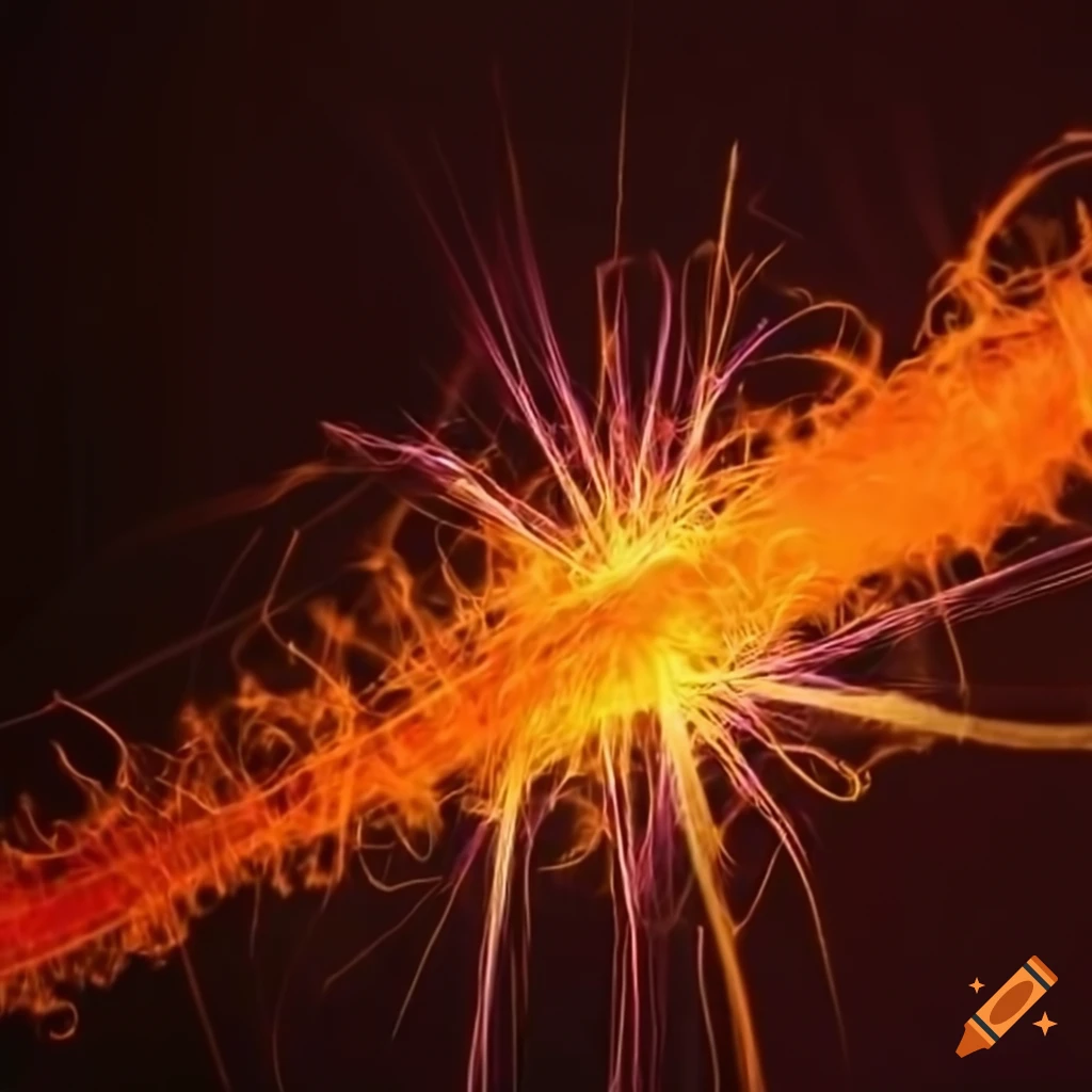 Atoms colliding together in a plasma, orange and purple sparks on a ...