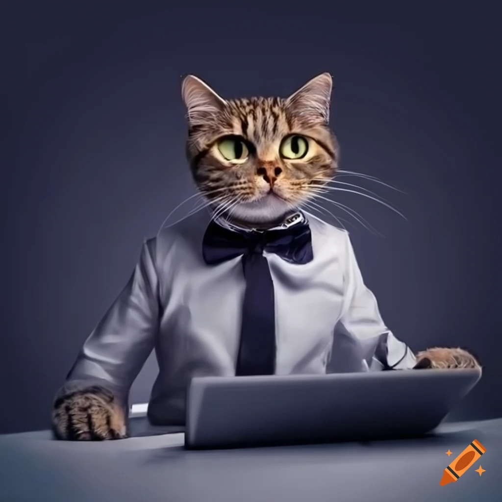 A professional cat in suit working on a computer