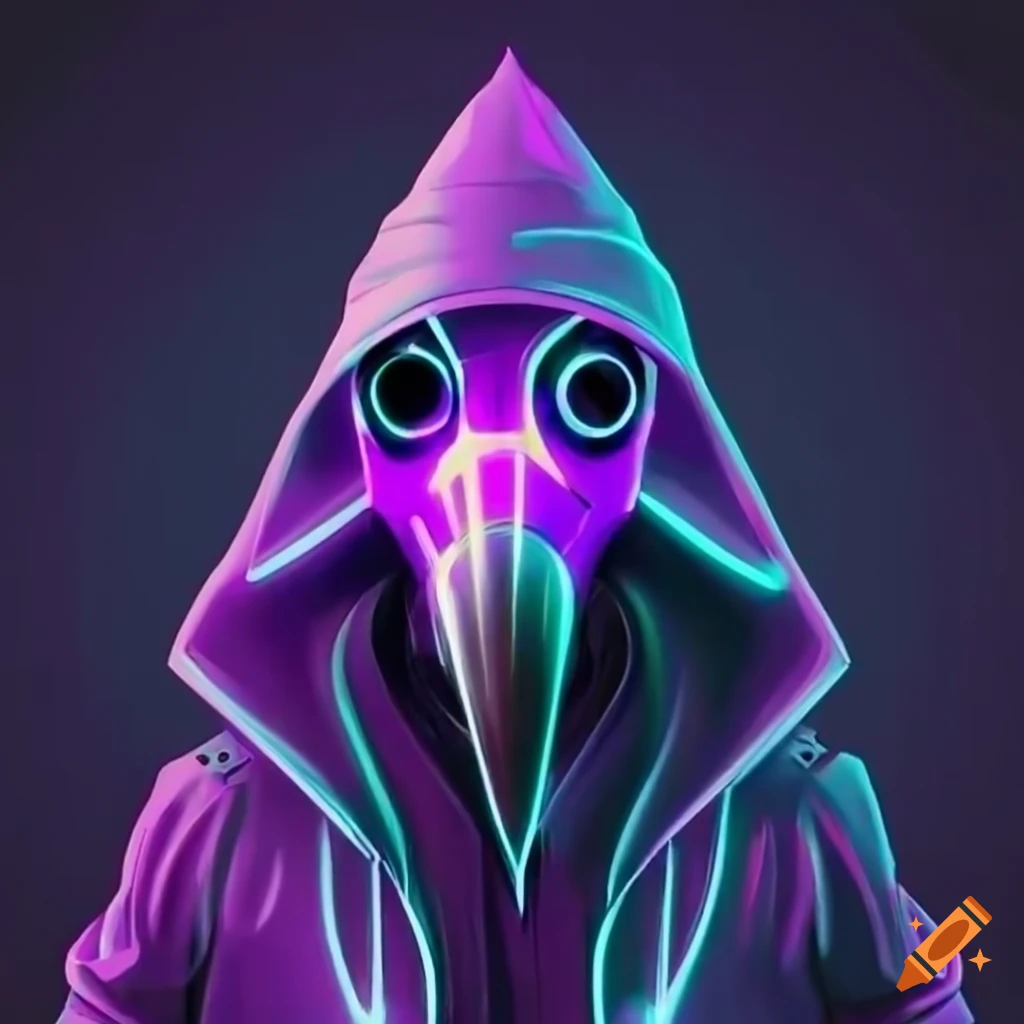 Synthwave inspired plague doctor with glowing purple lights around the ...