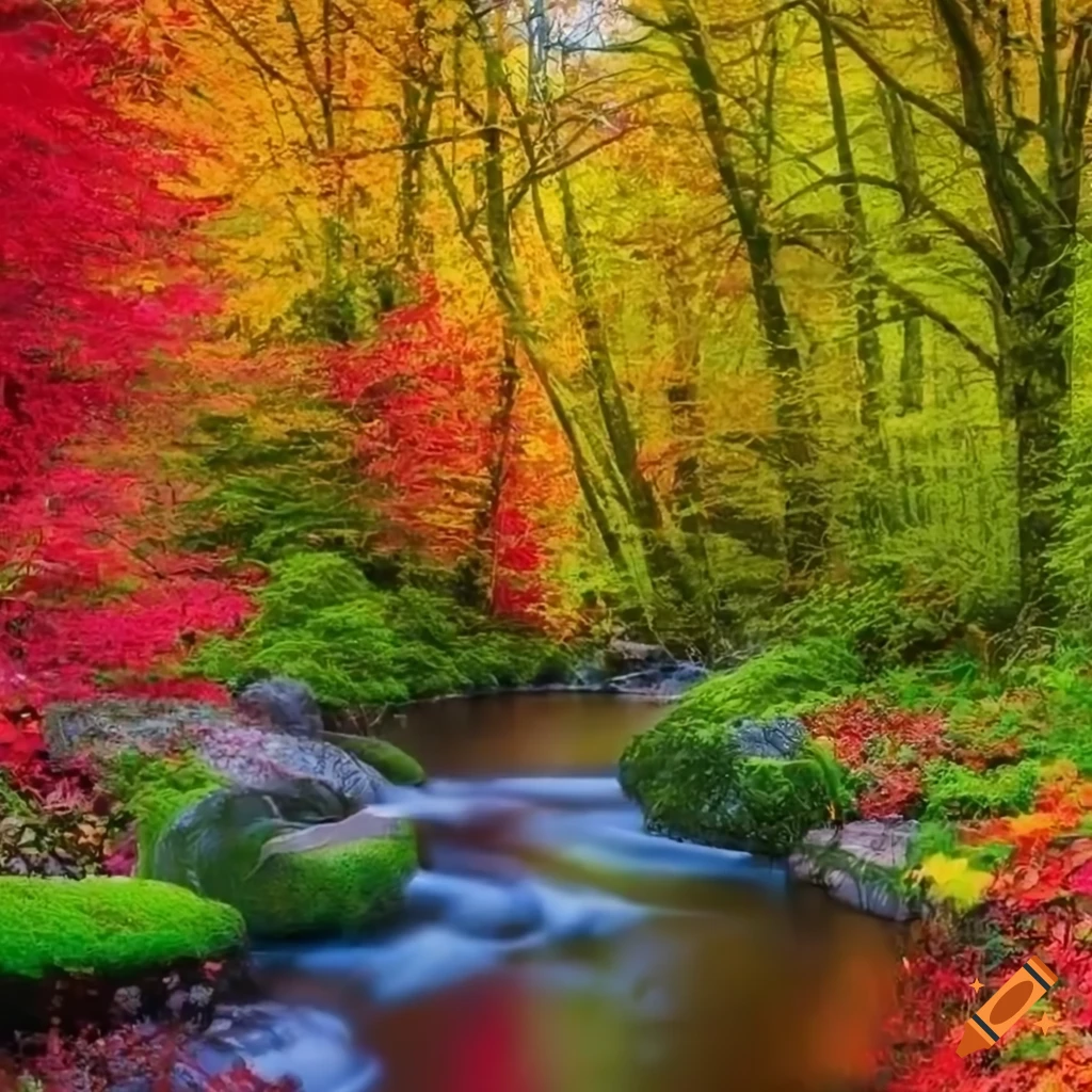 Colourful autumn forest of reds and greens with a small photorealistic ...