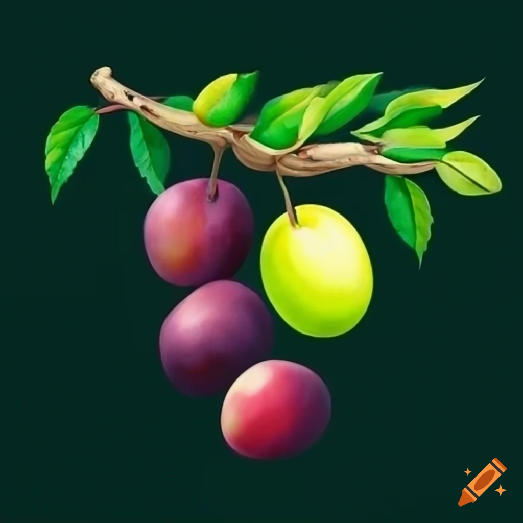 Long plum branch with green fruits and leaves on Craiyon