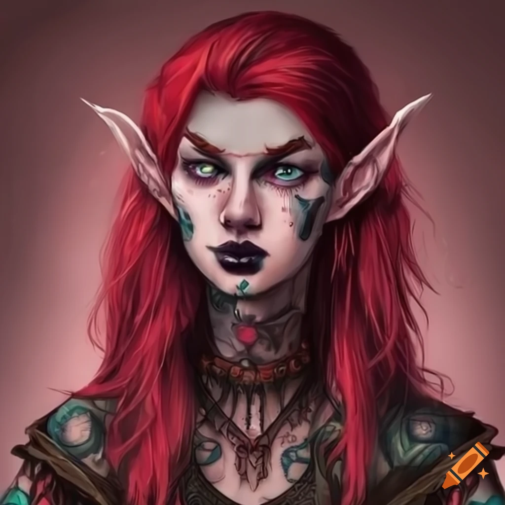 Elf with dark red hair and tattoos
