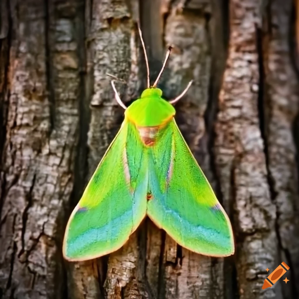 Vibrant green moth on a tree trunk on Craiyon