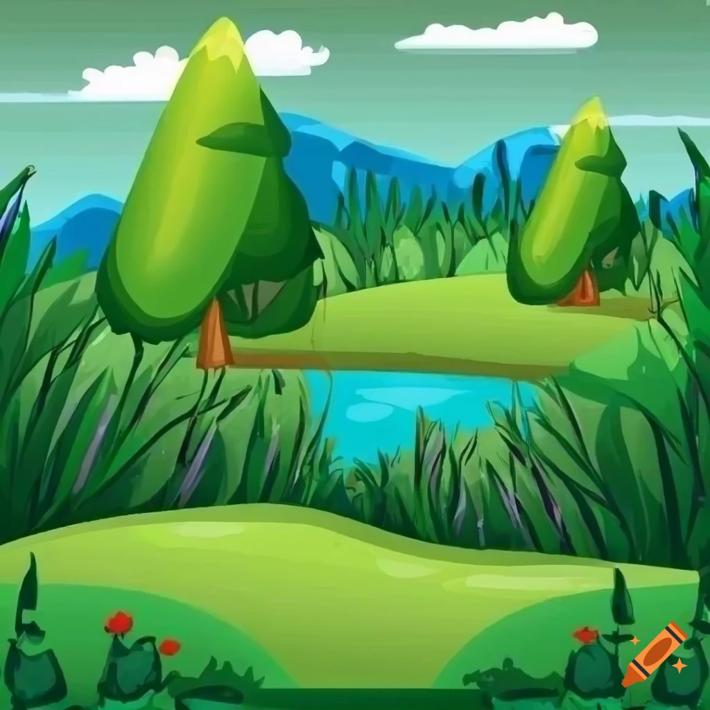 Beautiful hiking spot cartoon style surrounded by nature