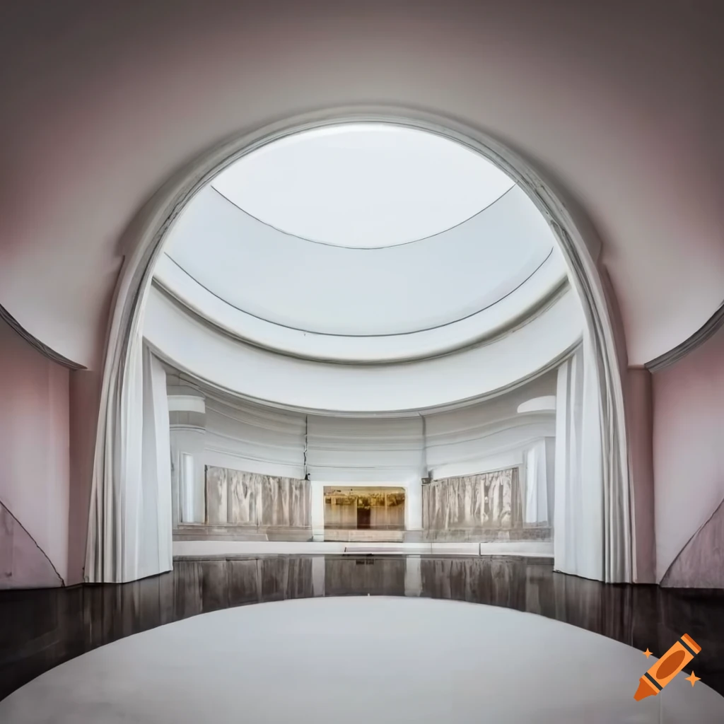 Abandoned curved white modern lobby with tattered pale pink curtains ...