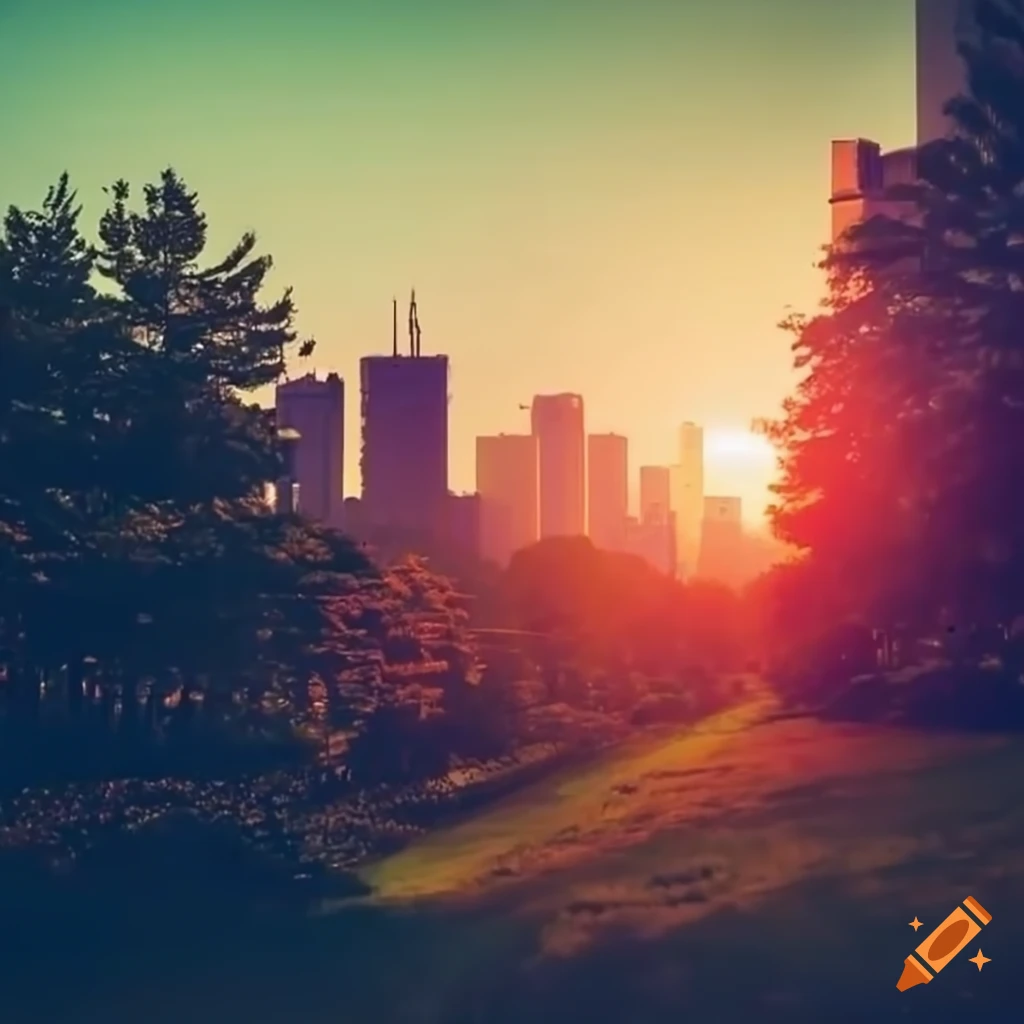Beautiful city skyline at sunset, view from tree-filled park on Craiyon
