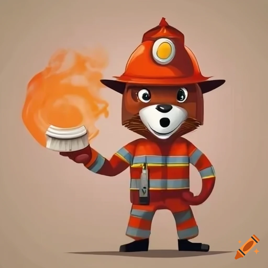 Cartoon fox firefighter holding a smoke detector in his hand