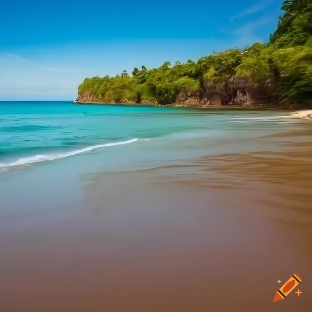 A brown sand beach with emerald water ocean and island view in the ...