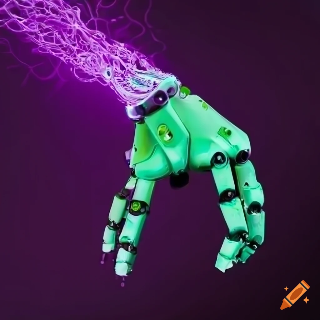 Green robotic mechanical hand with five fingers, purple and grey swirly ...