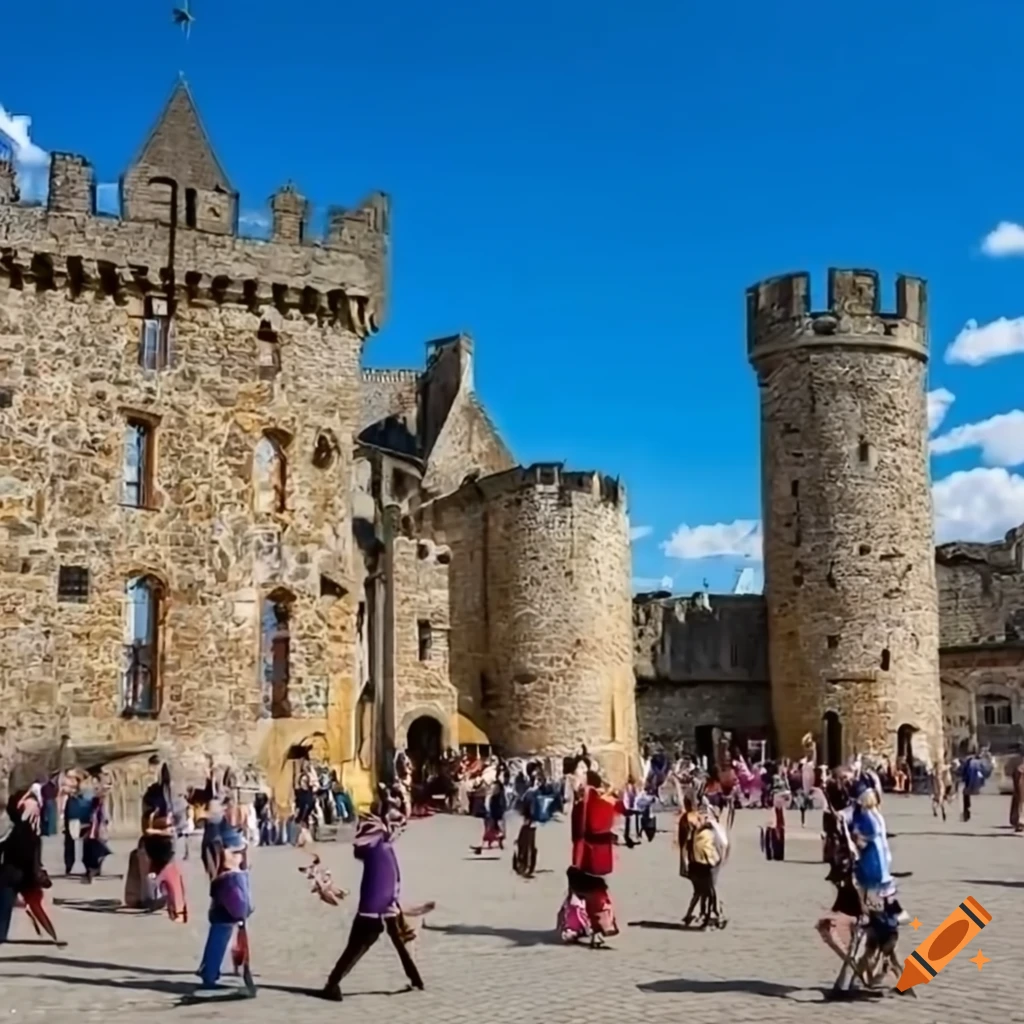 Medieval castle square, with multiple people training and a knight ...