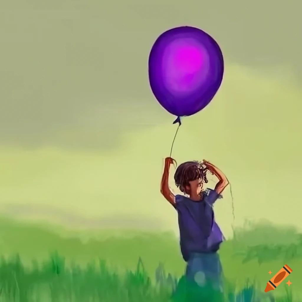 Boy with curly hair chasing purple balloon in a green field